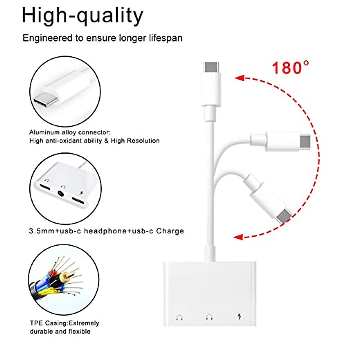 USB C to 3.5mm Headphone Audio Adapter,3 in 1 USB C Headphone Splitter Compatible with Samsung Galaxy S22 S21 S20 S10 S9 Plus/Ultra, Note 10, iPad Pro, MacBook, Pixel (White)