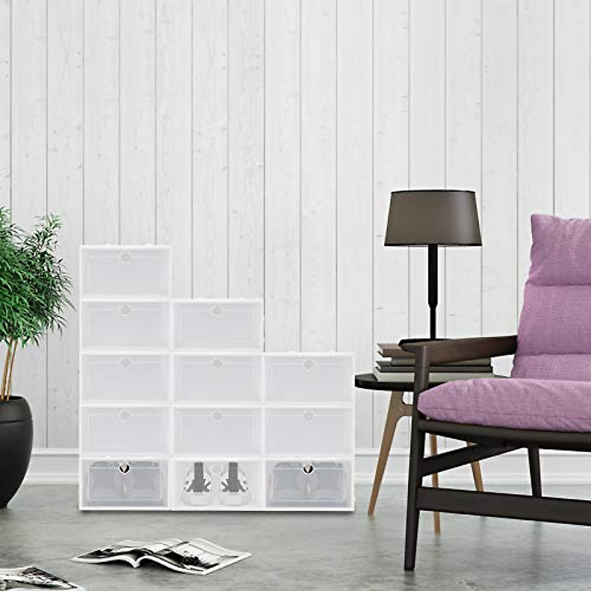 SHNORM Transparent Shoe Storage Box - Folding Large Size Cabinet Unit Easy Assembly, Stackable Shoe Storage Box with Lid for Women/Men (24/12/6Pcs) (#2:24Pcs with Lid, White)