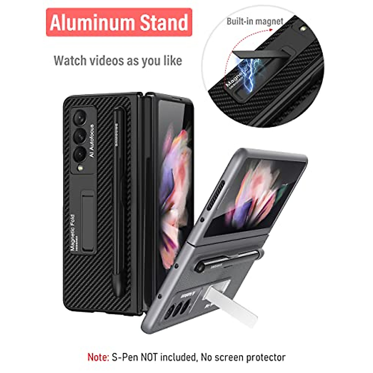 KumWum Phone Case for Samsung Galaxy Z Fold 3 5G Ultra-Thin Back Cover Protection Shockproof Bumper with S Pen Holder & Kickstand - Carbon Fiber