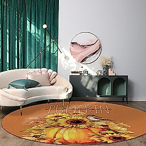 Pumpkin Sunflower Round Area Rug 3.3ft,Washable Outdoor Indoor Carpet Runner Rug for Bedroom,Kitchen,Living Room,Office,Area+Rug Small Bath Door Desk Floor Mat Fall Thanksgiving Harvest Autumn Orange