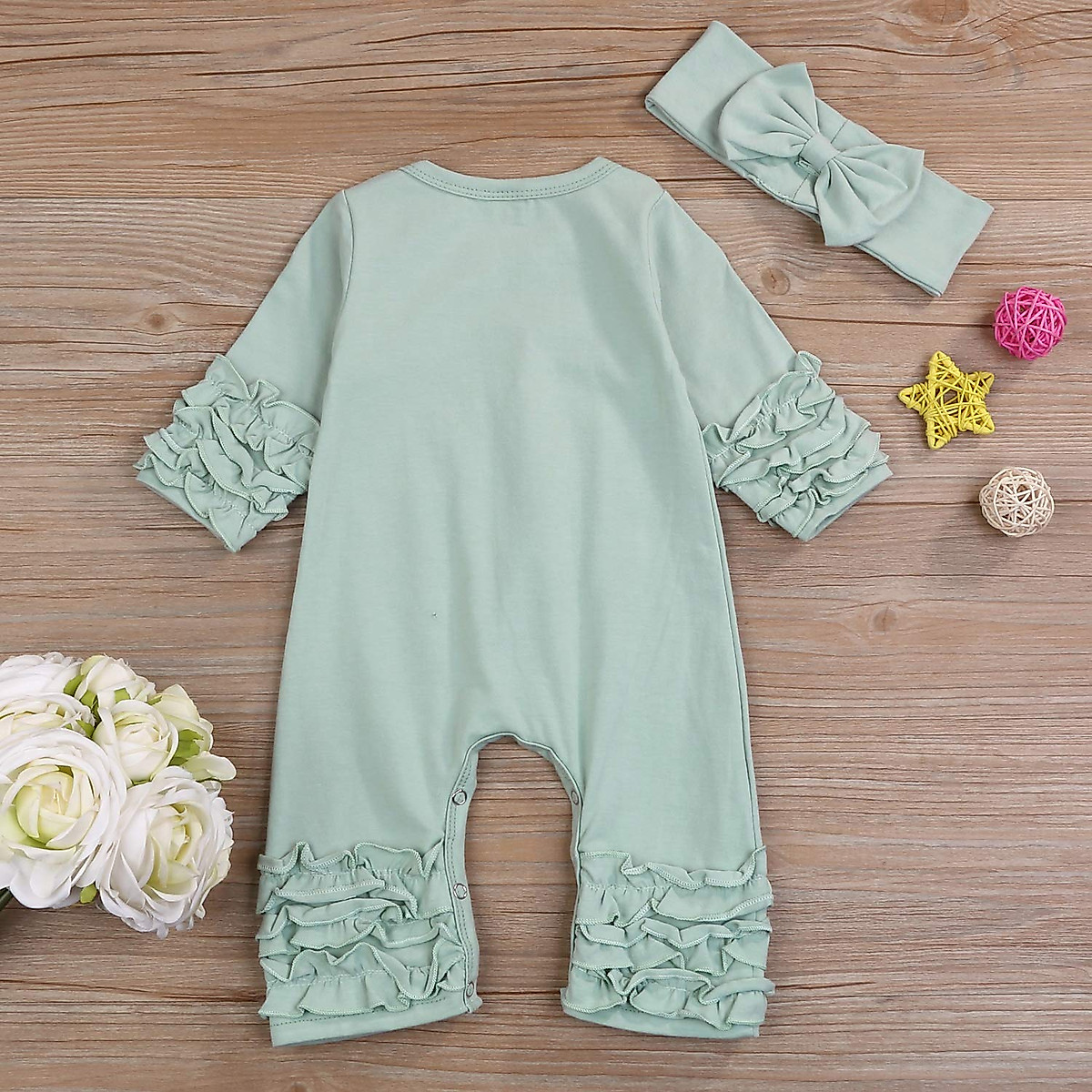 GRNSHTS Newborn Baby Girls Ruffle Romper Solid Long Sleeve Jumpsuit One-Piece Coming Home Clothes With Headband (Green, 1-3 Months)