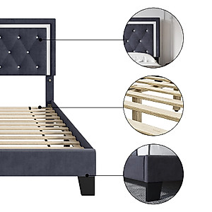 HITHOS Full Bed Frame, Upholstered Platform Bed Frame with Modern Adjustable Headboard, Diamond Tufted Mattress Foundation with Wooden Slat Support, No Box Spring Needed, Easy Assembly (Full, Gray)