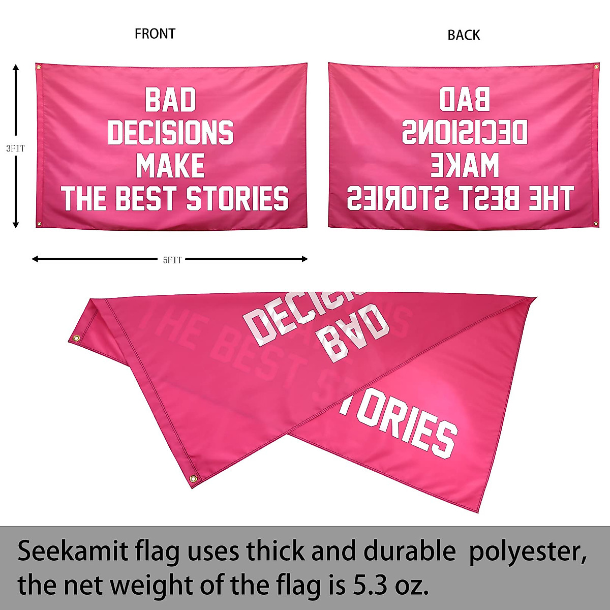 Seekamit Bad Decisions Make the Best Stories Flag Pink Funny College Dorm Flags for Girls Cool Girl Flags for Bedroom Room Wall Meme Flags for Room Guys Man Cave Banner 3x5Ft Indoor Outdoor Garden
