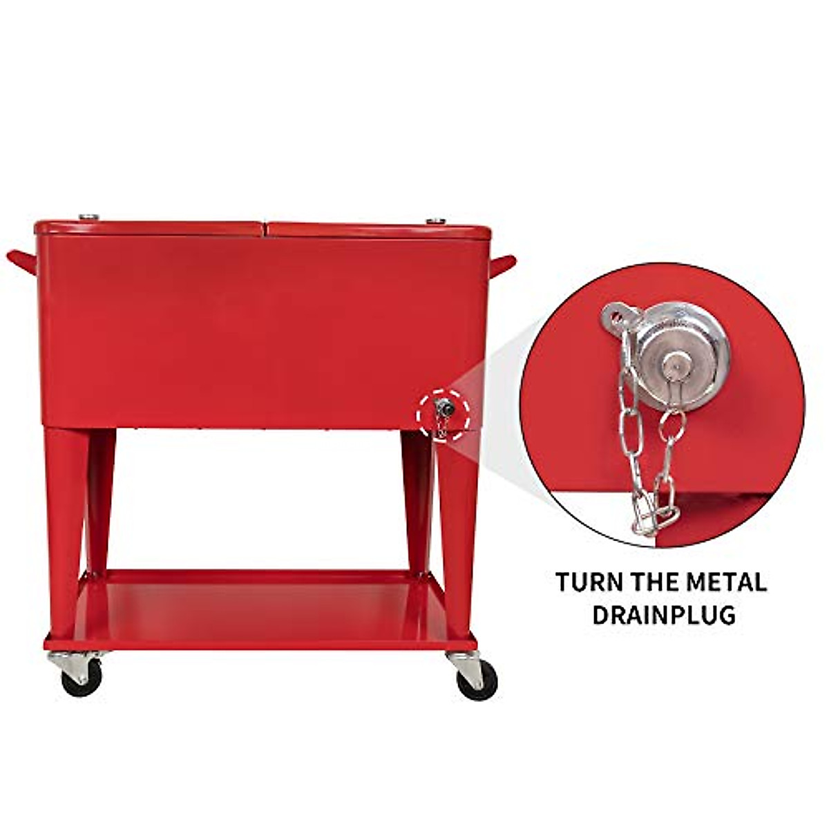 Rolling Ice Chest Cooler for Outdoor Patio Deck Party,80 Quart Ice Chest with Wheels,Portable Party Bar Cold Drink Beverage Cart,Backyard Cooler Trolley on Wheels with Shelf,Bottle Opener,Red