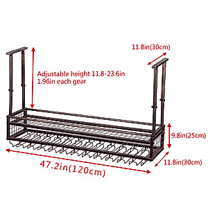 Industrial Hanging Wine Rack with Glass Holder and Shelf,Adjustable Ceiling Bar Wine Glass Rack,2-Layer Metal Wall Mounted Wine and Glass Rack,Iron Bottle Holder Wine Shelf(47.2in,Bronze)