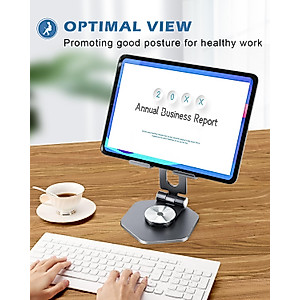 SOJUNER Tablet Stand Holder for Desk, Swivel iPad Stand with 360 Rotating Base, Aluminum Foldable Desktop Stand Holder Compatible with All Tablet Such as iPad Pro 12.9,11,10.5,9.7, Grey