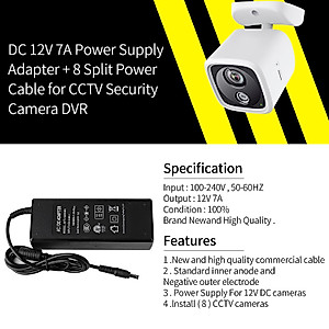 12V 7A CCTV Surveillance Video Power Supply Adapter + 1 to 8 Power Splitter & 110~240V AC 2.1mm Plug for Security Camera，LED Strip Light