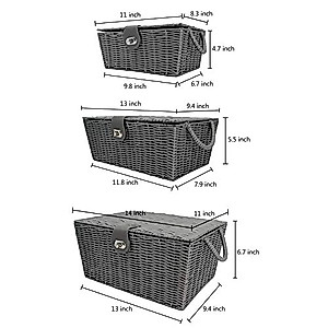 Woven Storage Basket Bin Wicker Hamper Stackable Box with Lid, Wicker Shelf Baskets Bin for Laundry Room Organizer, Set of 3 Wicker Storage Basket with Handle for Picnic, BBQ,Nursery, Baby Toiletry, Diaper, Toys