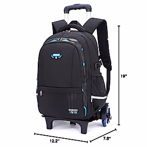LANSHIYA 3 Pcs Kids Rolling Backpack Blue Geometric with Wheels Trolley School Bag Set for Boys