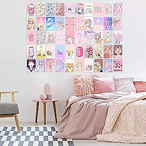 50Pcs Kawai Anime Aesthetic Picture Wall Collage Kit, Pink Cartoon Assembled Print Card Set, Back to School Dorm Photo Poster Display Trendy Style, Sweet Room Decor Cute Collage Kit For Teens Girls Gifts