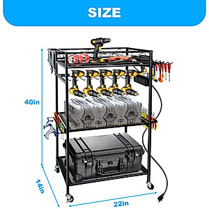 AQNIEGEP Power Tool Organizer Cart with 3 Charging Station, Garage Rolling Tool Storage Cart, Mobile Tool Cart with Wheels, Garage Workshop Gift Ideas for Dad Men Black