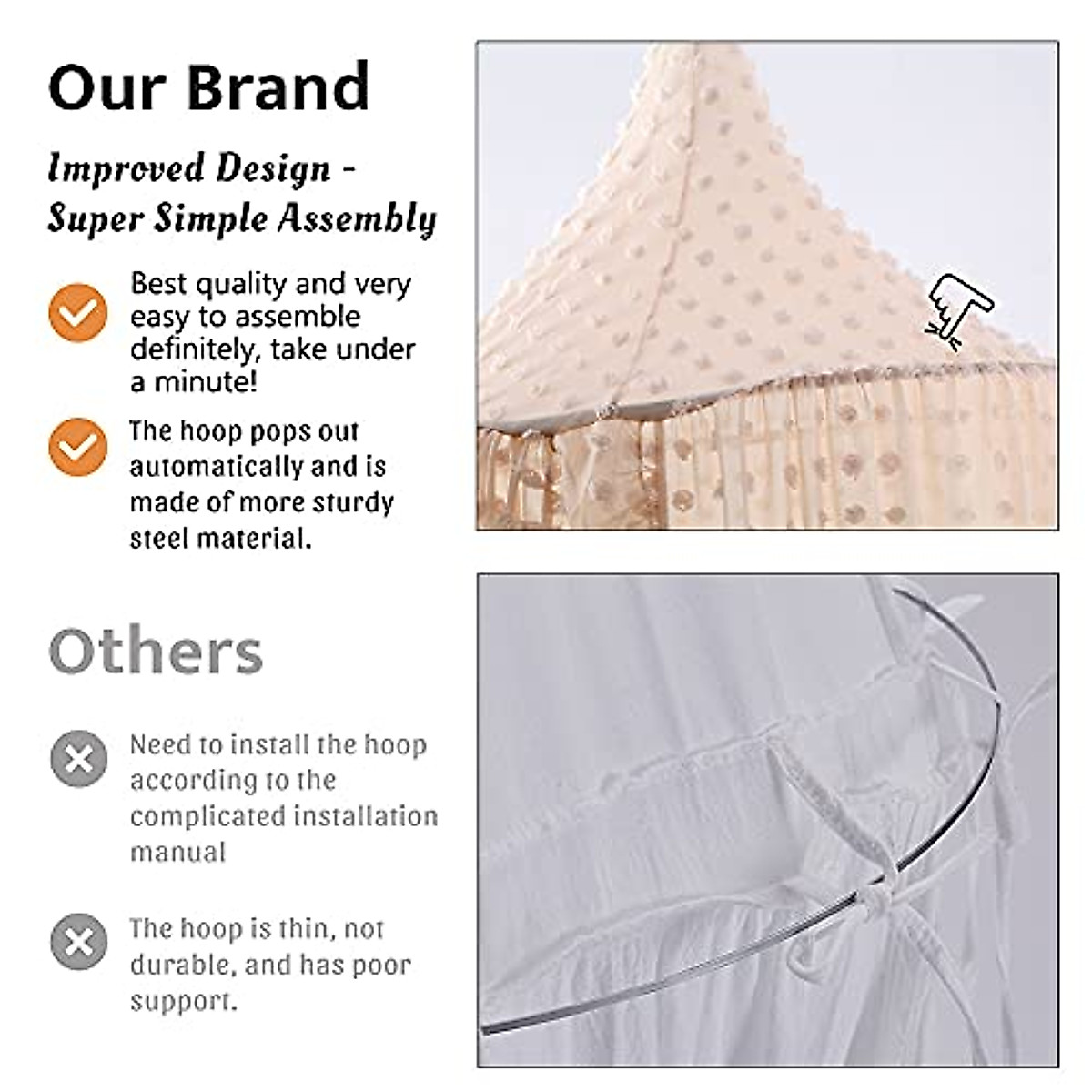 Kids Bed Canopy for Girls, Beige Crib Canopy Princess Hanging Children Canopy Tent, Toddler Girl Canopy Bed Netting for Baby Room Bedroom Reading Nook, Macrame Lace Boho Nursery Canopy with Pom Pom