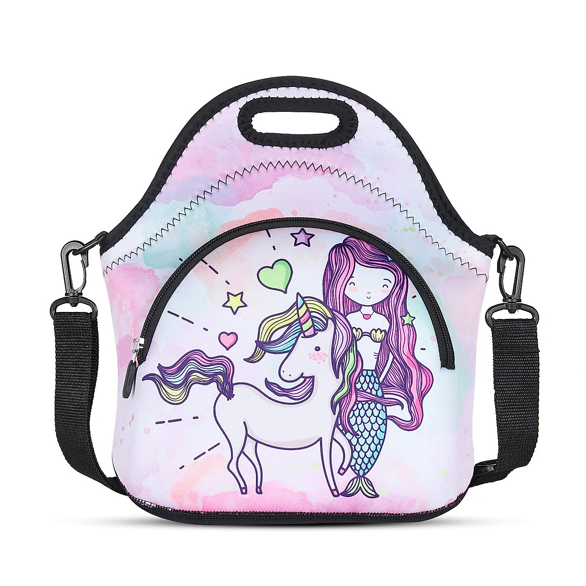 Violet Mist Neoprene Lunch Bags with Shoulder Strap, Pink Mermaid, Unisex, Meal Holder, Neoprene, 11.42"L x 10.43"H x 5.51"W