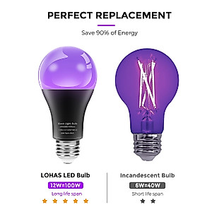 L LOHAS LED UV Black Light Bulbs, Halloween 12W A19 UV Blacklight, 100 Watt Equivalent, UVA Level 385-400nm Wavelength, Glow in The Dark for Body Art Paint, Fluorescent Poster, Neon Glow Party, 2 Pack