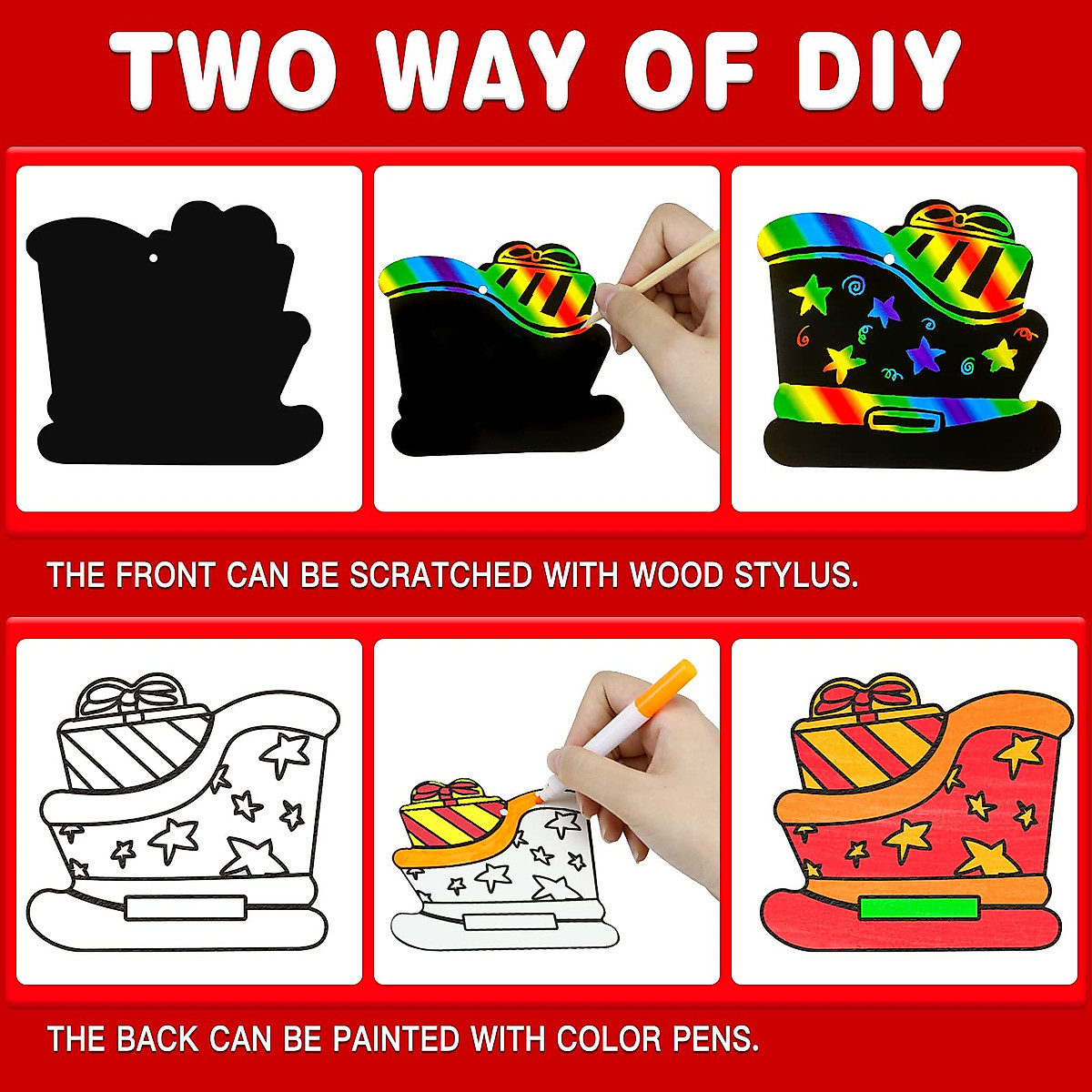 Max Fun Christmas Crafts Scratch Art for Kids, 48PCS Magic Rainbow Scratch Off Paper Cards, Christmas Ornaments Hanging Art for Kids Party Favors Supplies, Stocking Stuffers Educational Toys