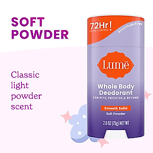 Lume Whole Body Deodorant - Smooth Solid Stick - 72 Hour Odor Control - Aluminum Free, Baking Soda Free and Skin Safe - 2.6 Ounce (Soft Powder)