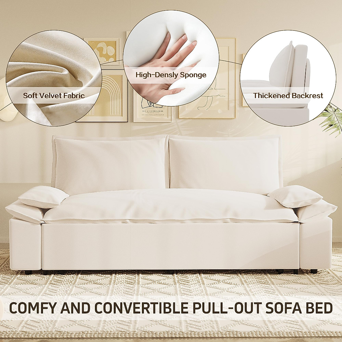 HomSof 70.1" Queen Pull Out Sofa Bed, 3-in-1 Convertible Sleeper Sofa with 2 Soft Pillows,Multi-Functional Velvet Loveseat Bed,Beige