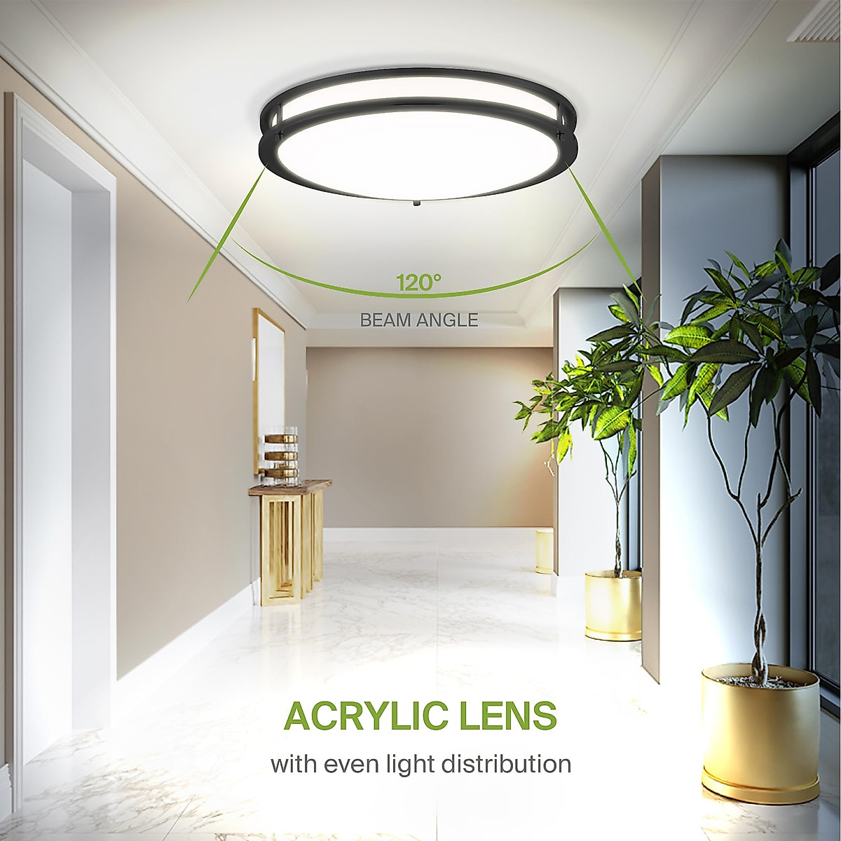 ASD LED 18 Inch Round Flush Mount Light Fixture | 28W 2250LM 3000K-5000K 120V | 3CCT, Dimmable, Energy Star, ETL Listed | Close to Ceiling Double Ring Lamp, Low Profile Lighting | Black