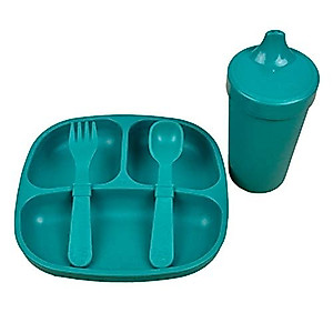 Re-Play Made in USA Toddler Dinnerware Set - No-Spill Sippy Cup, 7" Divided Plate, Rounded Tip Fork and Deep Scoop Spoon - Dishwasher/Microwave Safe Plastic Dinnerware Set - Teal