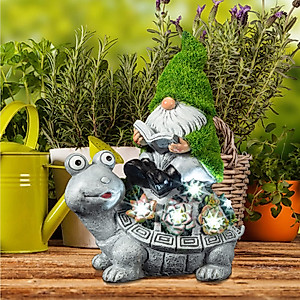 Garden turtle and gnome statue decoration,solar figurine with Light,Lawn ornament accessories,funny & cute turtle gifts for turtle lover with gnome reading book outdoor in patio lawn yard 10.5"