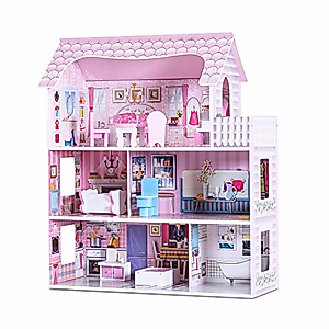 HONEY JOY Dollhouse with 8 Pcs Furniture, 3-Level Wooden Doll House, Pretend Play Kids Doll’s House, Princess Mini Toy House Furniture Playset, Gift for Little Girls (Pink, 2.5FT)
