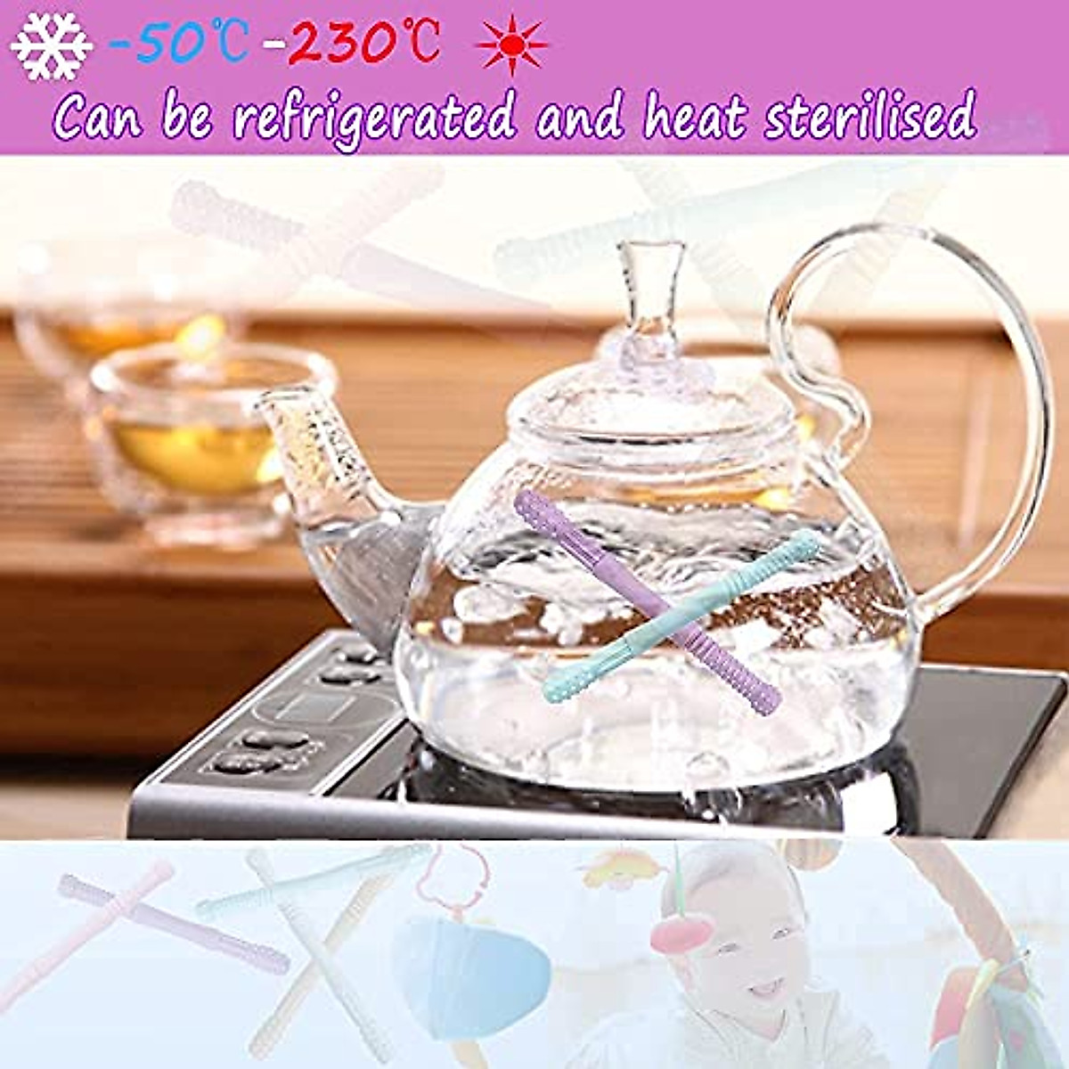 Hollow Teether Tubes, Honboom 5 Packs Soft Silicone Teething Tubes, Baby Soothing Teether Toy, Chew Straw Toy for Babies 0-12 Months with a Cleaning Brush, Dishwasher Safe (6.6in)