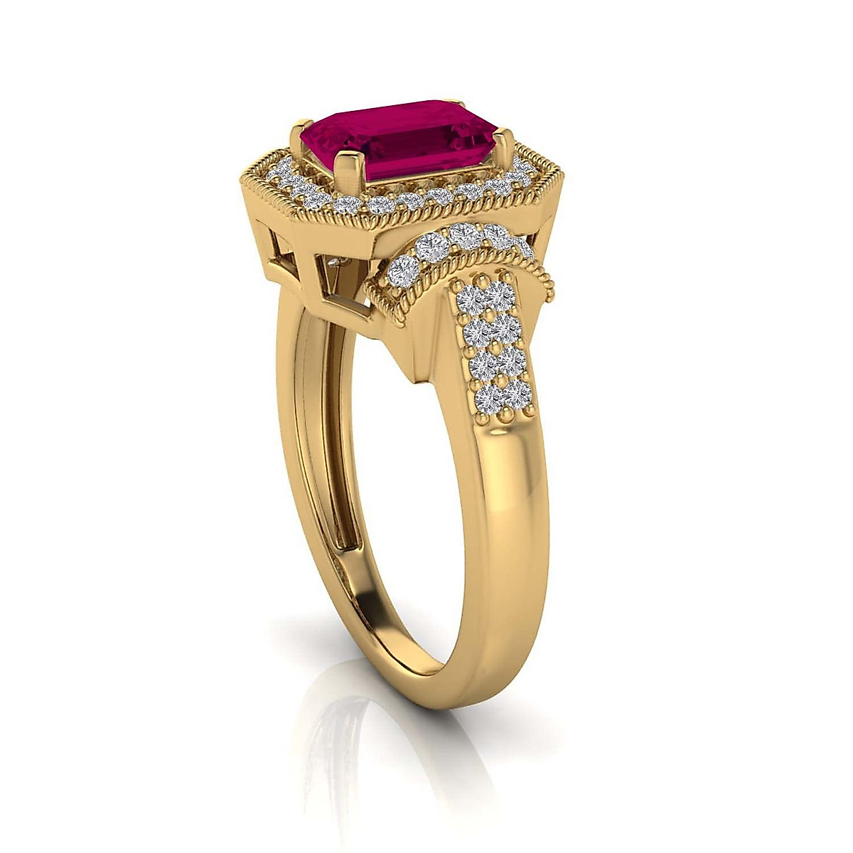 Pretty Jewels Center 7.5x5.5mm Emerald Cut Lab Created Ruby Gemstones And Natural White Diamond Halo Solitaire Engagement Rings for Women In 10k Yellow Gold Gift For Her (1.80 Cttw) Size-10