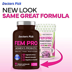 Doctors Pick Fem Pro Probiotics for Women. 17 Clinically Effective Strains for Vaginal, Digestive & Immune Support, Urinary Tract Health, pH Balance and Mood. Organic Prebiotic, 30 Veggie Capsules