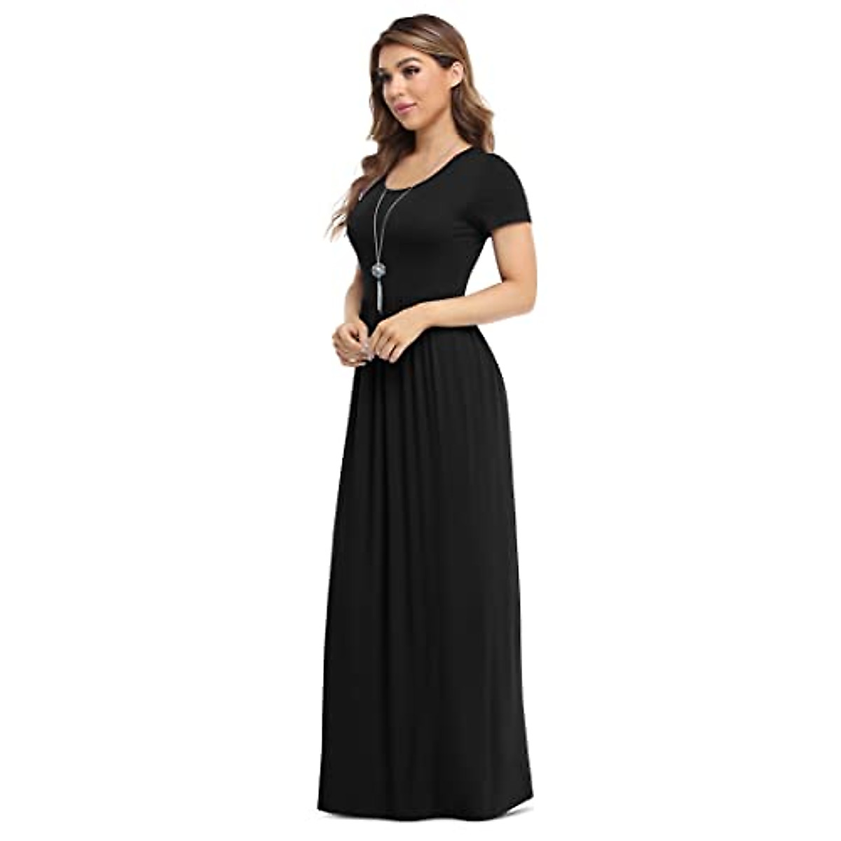 VIISHOW Women's Short Sleeve Loose Plain Maxi Dresses Casual Long Dresses with Pockets(Black, Large)