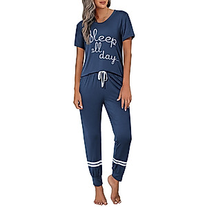 Ekouaer Pj Sets for Women Soft Sleep Wear Outfits Cute Pajama Tshirt and Long Pants Adjustment Drawstring Valentine day Navy