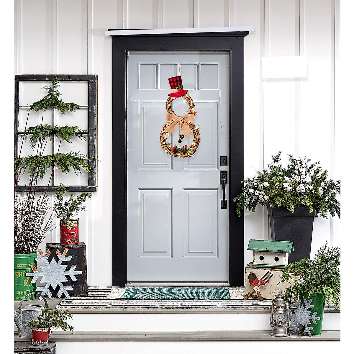 DearHouse 16 x 8 Inch Lighted Christmas Wreath Decoration, Grapevine Wreath with Hat and Bow Snowman Shape Wreath for Front Door Home Garden Wall Decor