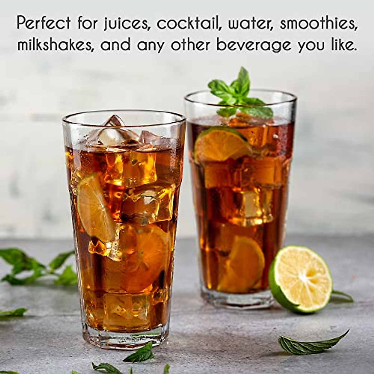 Volarium Drinking Glasses Set of 6, Premium Lead-Free Clear Iced Tea Glasses, Heavy Base Highball Glass Tumbler Set for Drinking Water, Cocktail, Juice, Milkshake, Coke, Soda, 12 ¼ oz