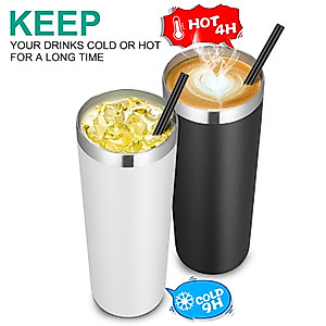 VEGOND Stainless Steel Skinny Tumbler, 20 oz Vacuum Insulated Tumbler with Lid and Straw, Double Wall Coffee Cup, Travel Mug for Cold Hot Drinks, White 1 Pack