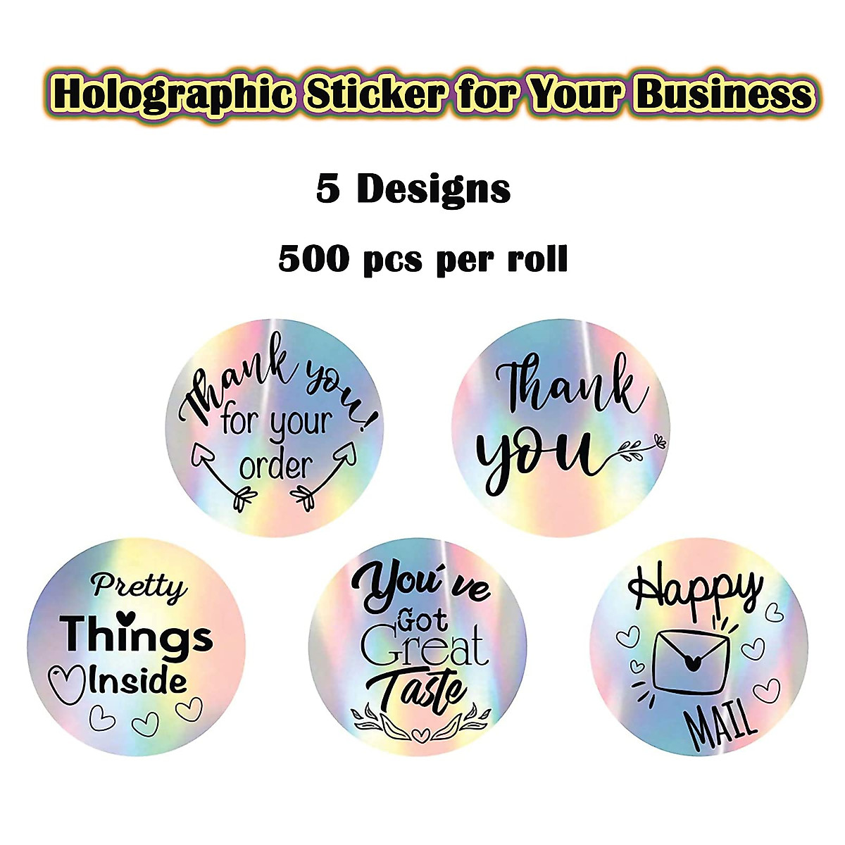 Flosius 500 PCS Thank You Stickers 5 Different Design Rainbow Holo Stickers Holographic Silver Roll Business Thank You Label for Small Business Packaging Supplies