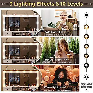 DICTAC Farmhouse Vanity Desk with Mirror and Hollywood Lights, 43'' Makeup Table with Power Outlet, 5 Drawers and 2 Cabinets Vanity Table with 3 Color Lighting Modes Brightness Adjustable, White