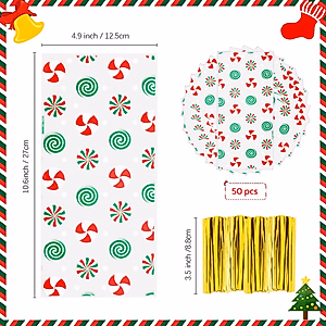 Christmas Treat Bags, 50 Pack Christmas Candy bags, Cellophane Treat Bags with Twist Ties, Christmas Candy Cane Goodie Gift Bags, Cello Holiday Treat Bags for Gift Wrap Sweets Xmas Party Favor Supplies