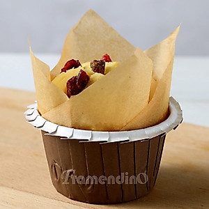 Framendino, Pack of 150 Tulip Shaped Baking Cups Brown Color Baking Cupcake Wrappers Grease Proof Muffin Paper Liners for Birthday Party Wedding Supply Decor