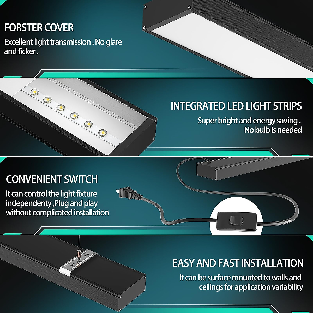 TychoLite 4FT Led Wraparound Shop Lights, 50W 6000LM 5000K, Compact Black 4 Foot LED Flush Mount Light Fixture for Office Kitchen Garage Shop, Hanging/Surface Mount, Plug and Play, 6 Pack