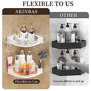 akinbas Corner Shower 2 Tier Caddy Lazy Susan Organizer 360 Rotating Corner Shelf Wall Mounted with No Drilling Shelves for Bathroom Dorm and Kitchen (White)