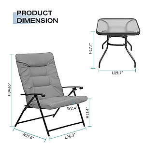 Omelaza 3 Pieces Patio Padded Folding Chair, Outdoor Adjustable Reclining Lounge Chairs with Tempered Glass Table (Grey)