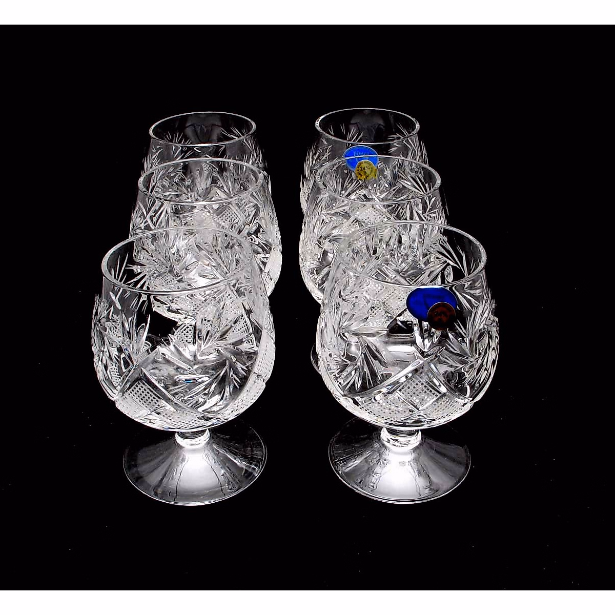 Russian European Cut Crystal Brandy Cognac Snifters, Vintage Old-Fashioned Glassware, Set of 6