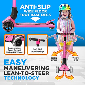 Hurtle 3 Wheeled Scooter for Kids - Foldable Stand Child Toddlers Toy Kick Scooters w/Built-in LED Wheel Lights, Anti-Slip Wide Deck, Adjustable Height, Great for Outdoor Fun -, Pink