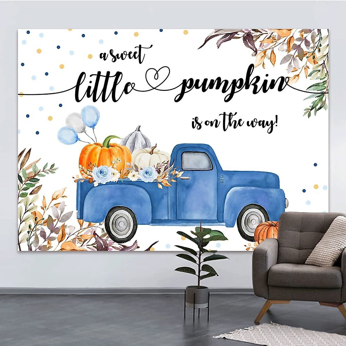 Little Pumpkin Baby Shower Decorations for Boy Fall Backdrop A Sweet Little Pumpkin is On The Way Its a Boy Blue Truck Leaves Autumn Thanksgiving Day Background Photography Party Banner Supplies 7x5ft