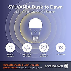 SYLVANIA Dusk to Dawn A19 LED Light Bulb with Auto On/Off Light Sensor, 60W=9W, 800 Lumens, 2700K, Soft White - 6 Pack (41257)