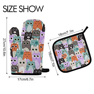 Oven Mitts Pot Holders Sets - Cute Cats for Kids Oven Gloves Hot Pads Non-Slip Potholders for Kitchen Cooking Baking BBQ