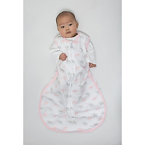 Amazing Baby Cotton Sleeping Sack, Wearable Blanket with 2-way Zipper, Pastel Pink + Gray Tiny Elephants, Small (0-6 mo)
