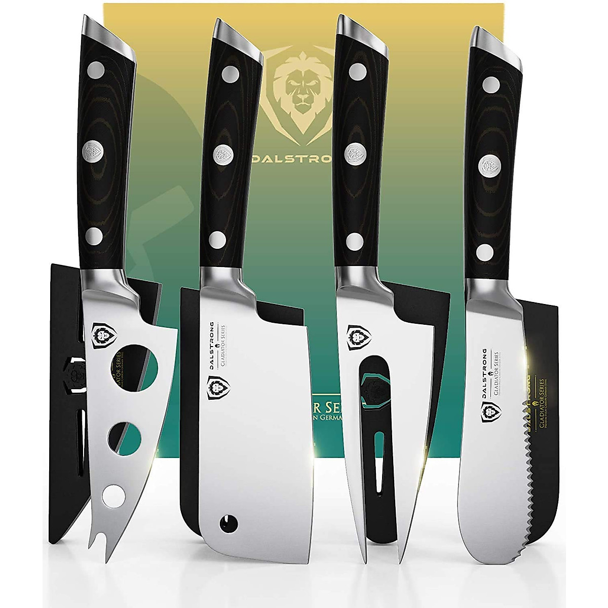 Dalstrong The Gladiator Series Elite 4-Piece Charcuterie & Cheese Knife Set Bundled with The Lionswood End-Grain Teak Cutting & Serving Board