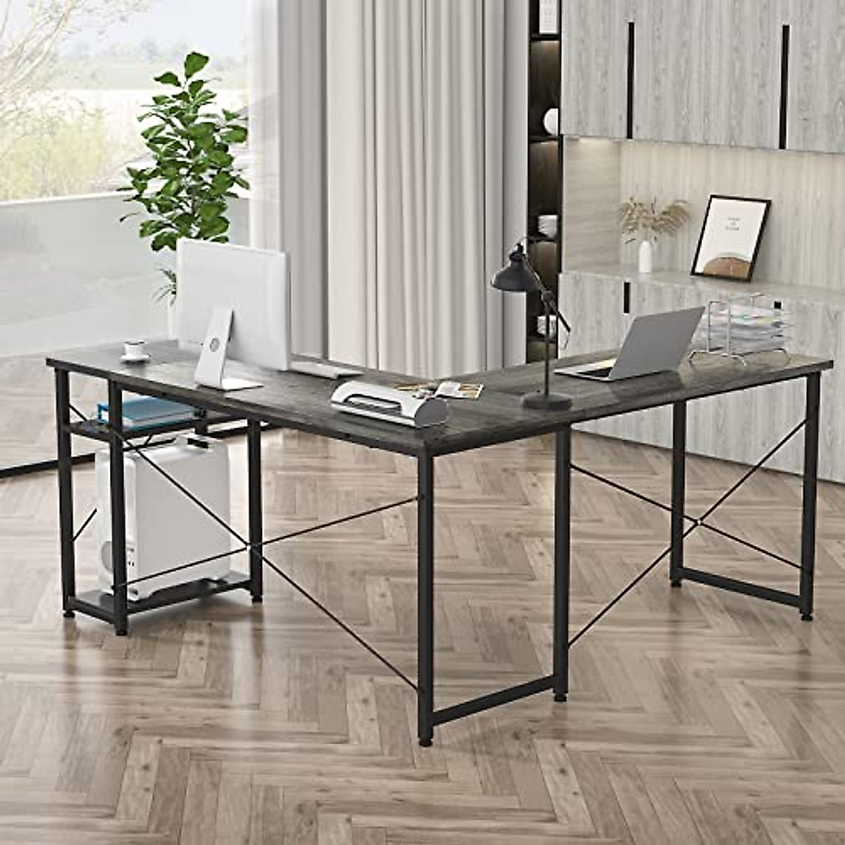 Ecoprsio L-Shaped Desk Large L Shaped Gaming Desk with Storage Shelves Oak Corner Desk Writing Study Table for Home Office Gaming Workstation, Oak and Black
