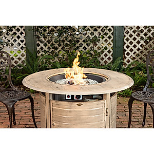 Fire Sense 62739 Thatcher Woodgrain Aluminum Convertible Gas Fire Pit Table 55,000 BTU Outdoor Portable with Fire Bowl Lid, Nylon Weather Cover & Clear Fire Glass - Driftwood Finish - Round - 42"