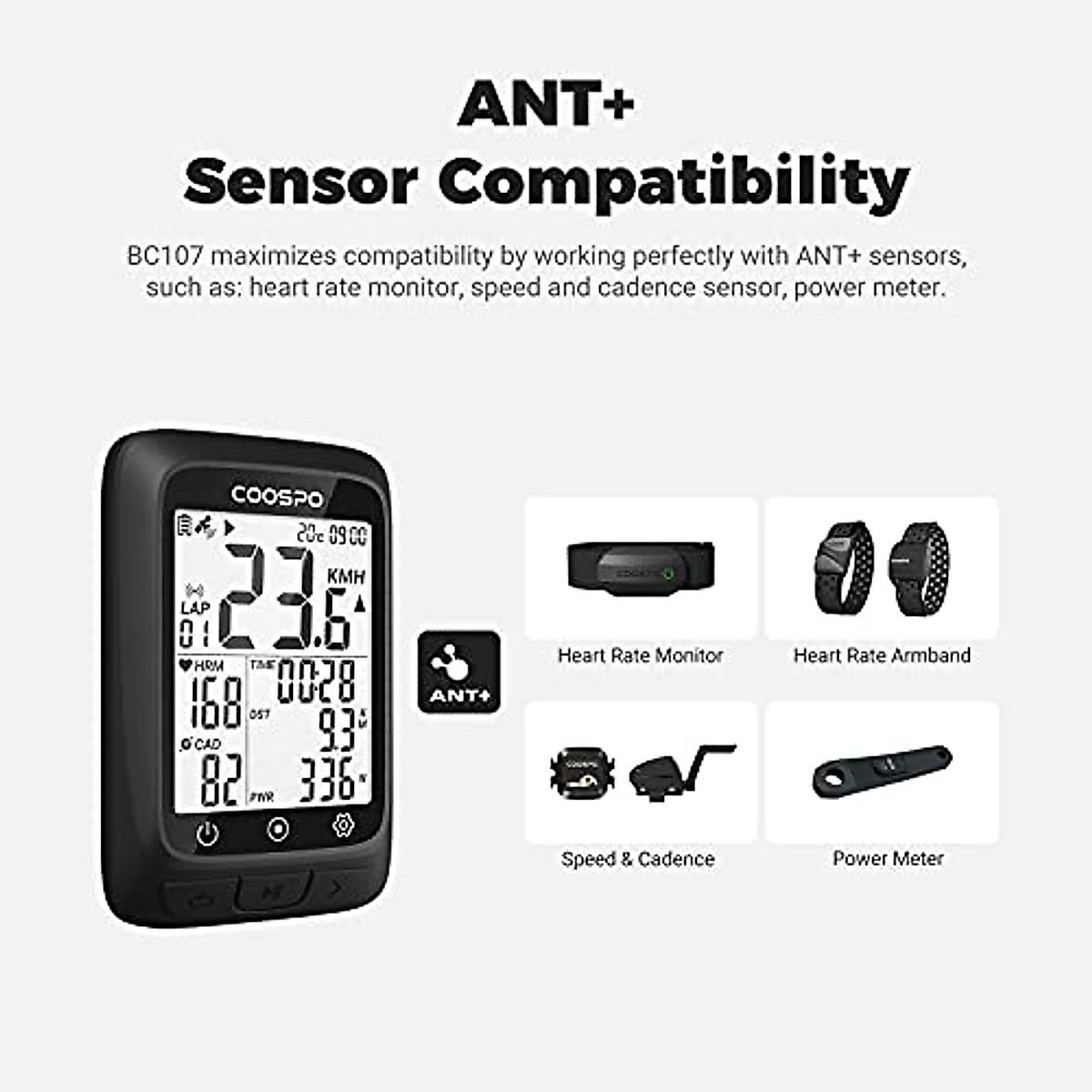 COOSPO GPS Cycling Computer BC107 & Bike Cadence/Speed Sensor BK467, Wireless Bike GPS Speedometer with 2.4 Inch Auto-Backlight Display, Bluetooth/ANT+ Bicycle Computer GPS Sync with Strava